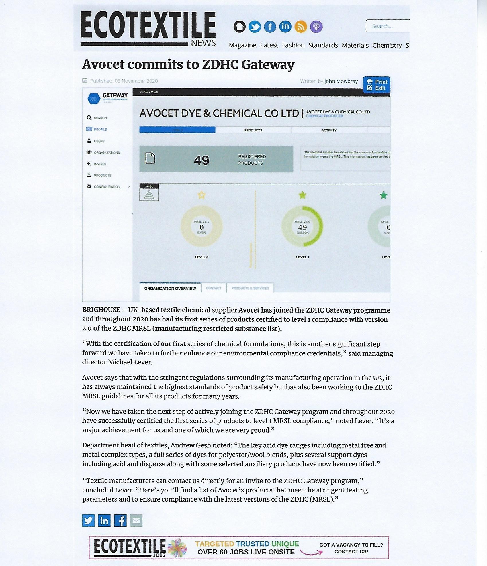 Avocet commits to ZDHC Gateway | Avocet Dye & Chemical Co. Ltd